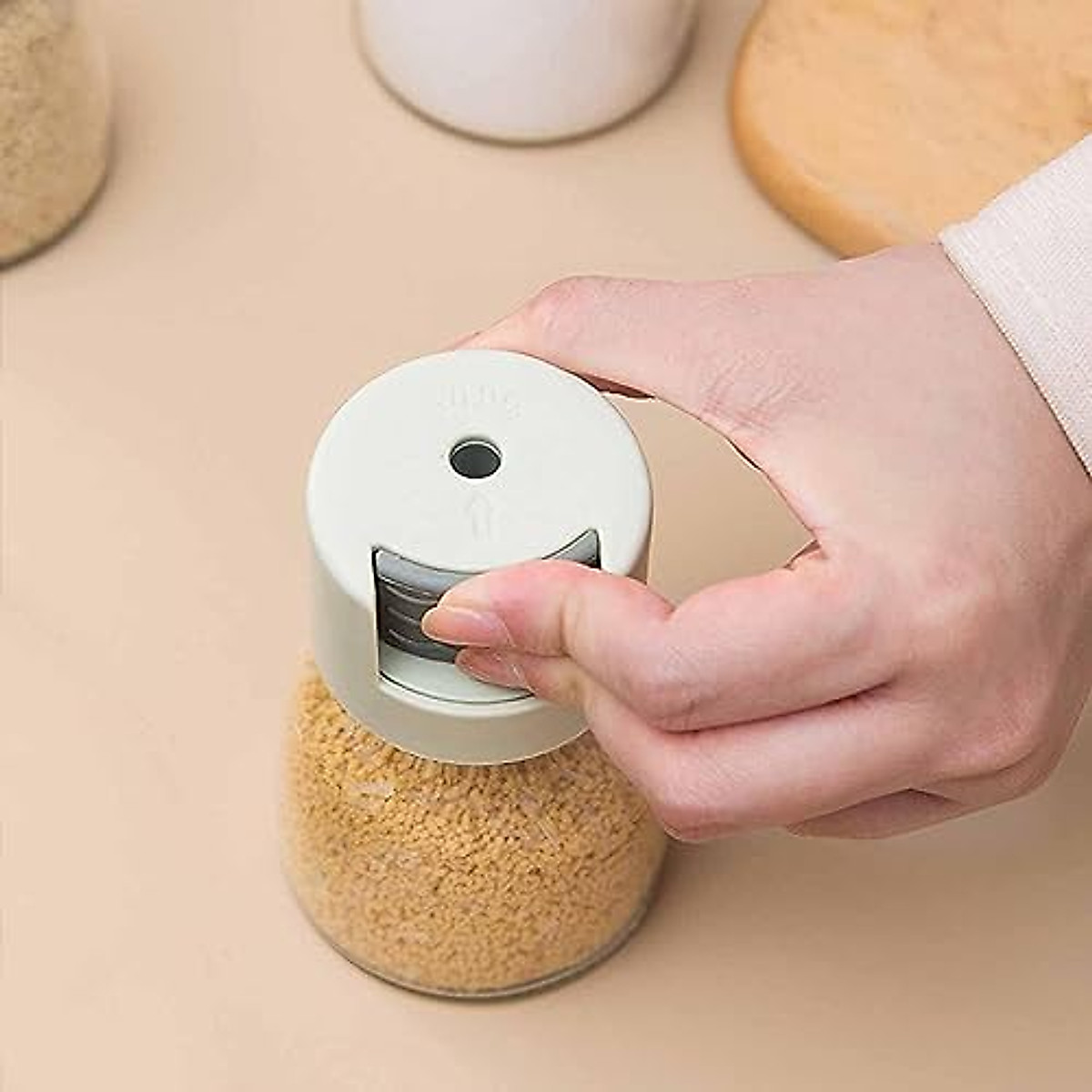 Salt and Pepper Shakers Precise Quantitative Push Type, Quantitative Push Type Sugar Shaker Dispenser (Pink+Beige)