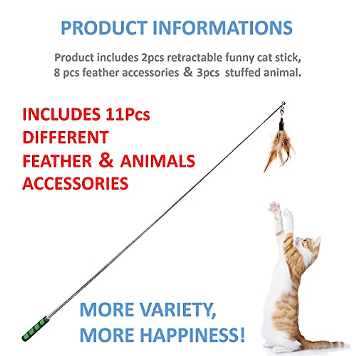 Whefory Retractable Cat Fishing Pole, Cat Toys Wand for Indoor Cats, Cat Fishing Rod for Kitten with 11 Pcs Refills(Feather&Mice)
