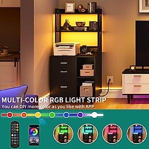 YITAHOME 3 Tier Bookcase, Bookshelf with Lighting, File Cabinet with Charging Station, 3 Drawer Wood Filing Cabinet, Printer Stand with Open Storage Shelves for Home Office, Black