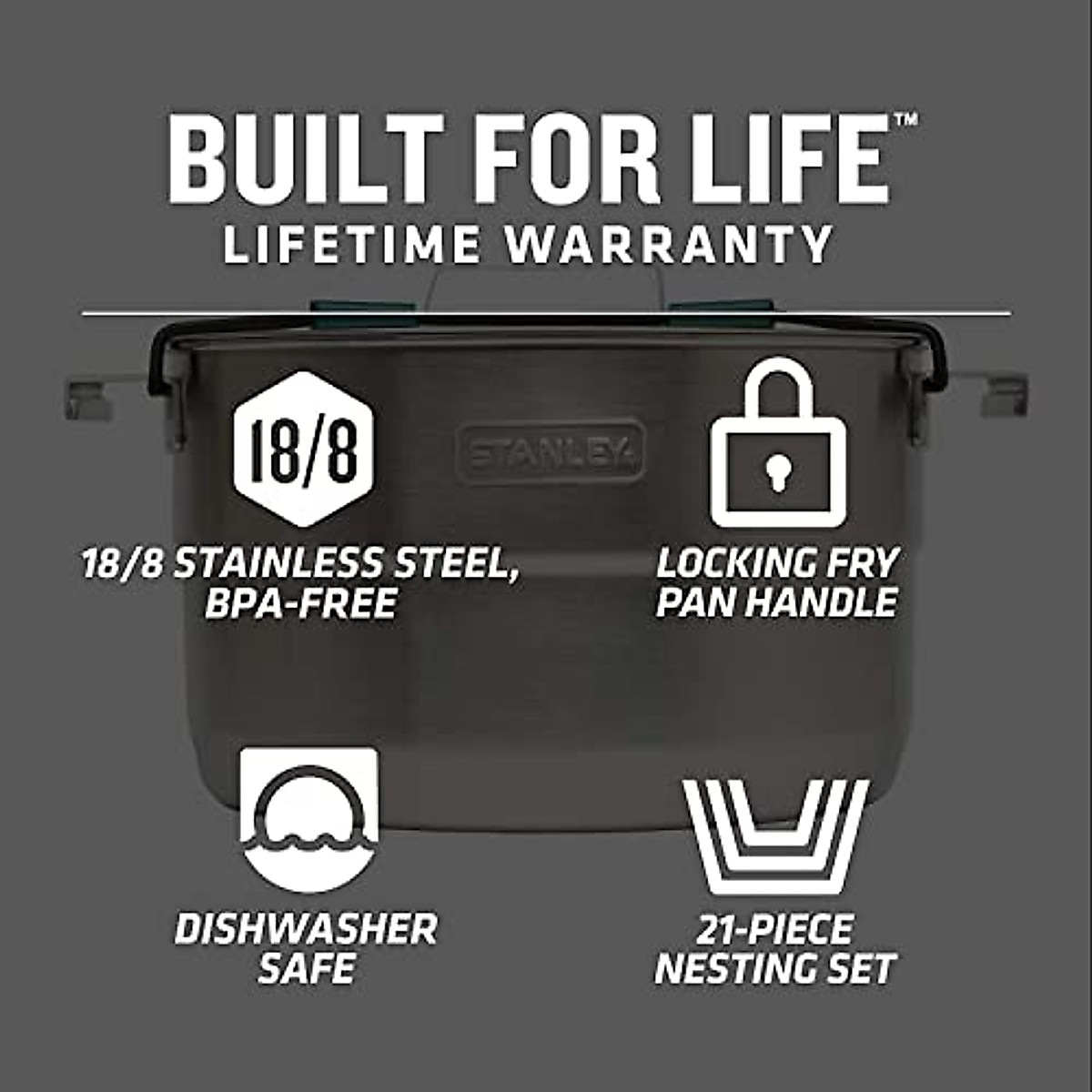 Stanley Base Camp Cook Set for 4 | 21 Pcs Nesting Cookware Made from Stainless Steel & BPA Free Material | Incl Pot, lid, Cutting Board, Spatula, Plates, Spoons, Forks, Bowls, Dish Rack, Trivet