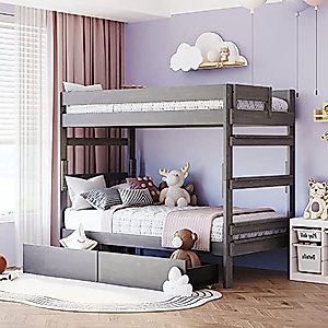 Flieks Twin Over Twin Wood Bunk Bed with 2 Drawers, Gray