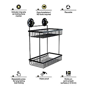 KiahLoc Patented Yellow Ring Indicator Suction Cup Double Rectangular Shelf, Removable Wall Vacuum Holder for Smooth Tile, Glass and Mirror, ABS Hook Cup Hold up to 22lb (Black)