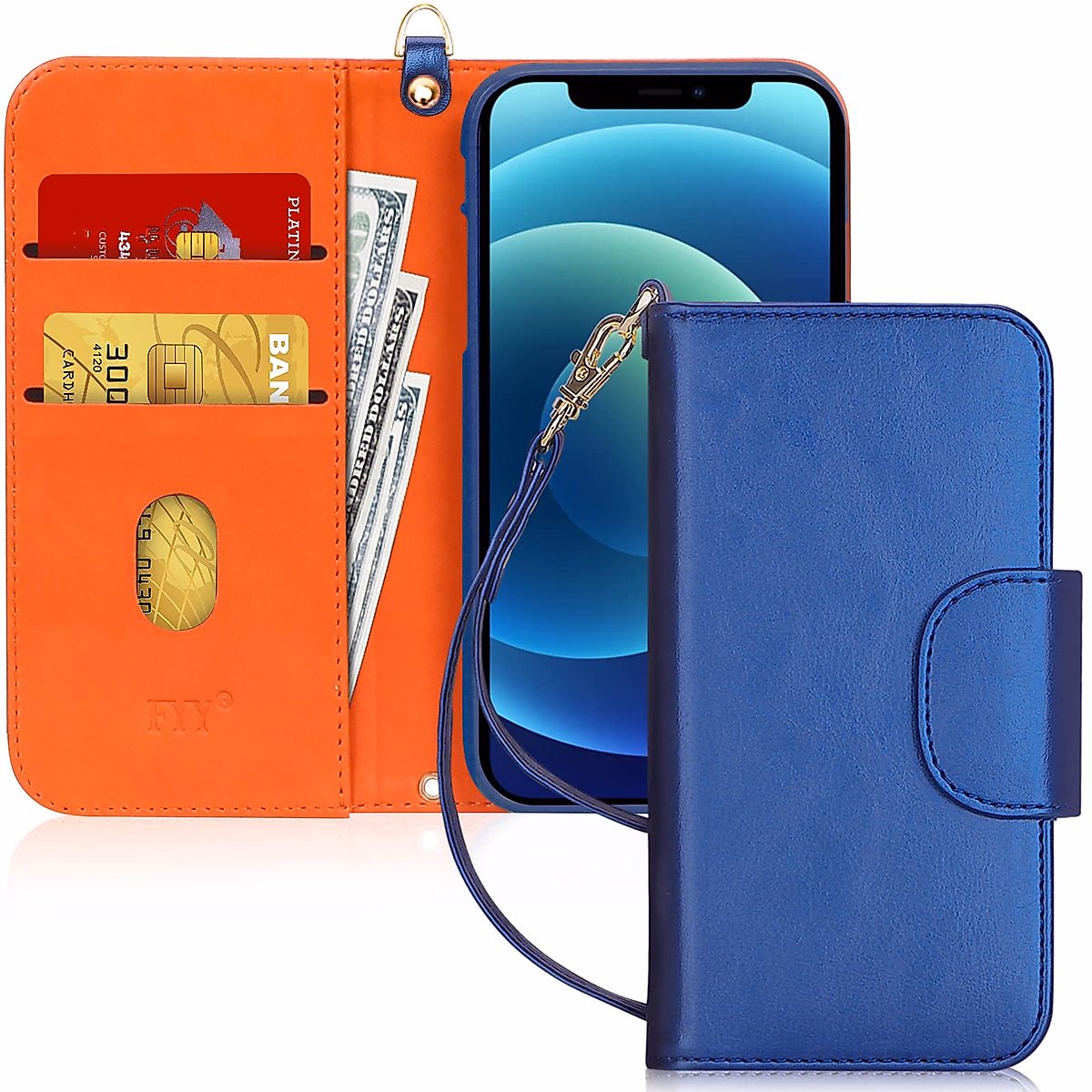 FYY Compatible with iPhone 12 Mini Case, [Kickstand Feature] Luxury PU Leather Wallet Case Flip Folio Cover with [Card Slots] and [Note Pockets] for iPhone 12 Mini 5G 5.4" Navy