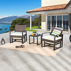 LOKATSE HOME 5 Pieces Patio Furniture, Outdoor Conversation Sets Rattan Wicker Chairs with Soft Cushion, Ottomans and Coffee Table for Balcony Poolside Front Porch Deck, Beige