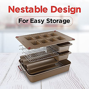 Elbee Home 8-Piece Nonstick Space Saving Bread Baking Pan Set - Includes Large Roasting Pan - Bread Loaf Pan - Baguette Pan - Cooling Rack - 8-Cavity Mini Loaf Pan Aluminized Steel - PFOA & PFOS Free