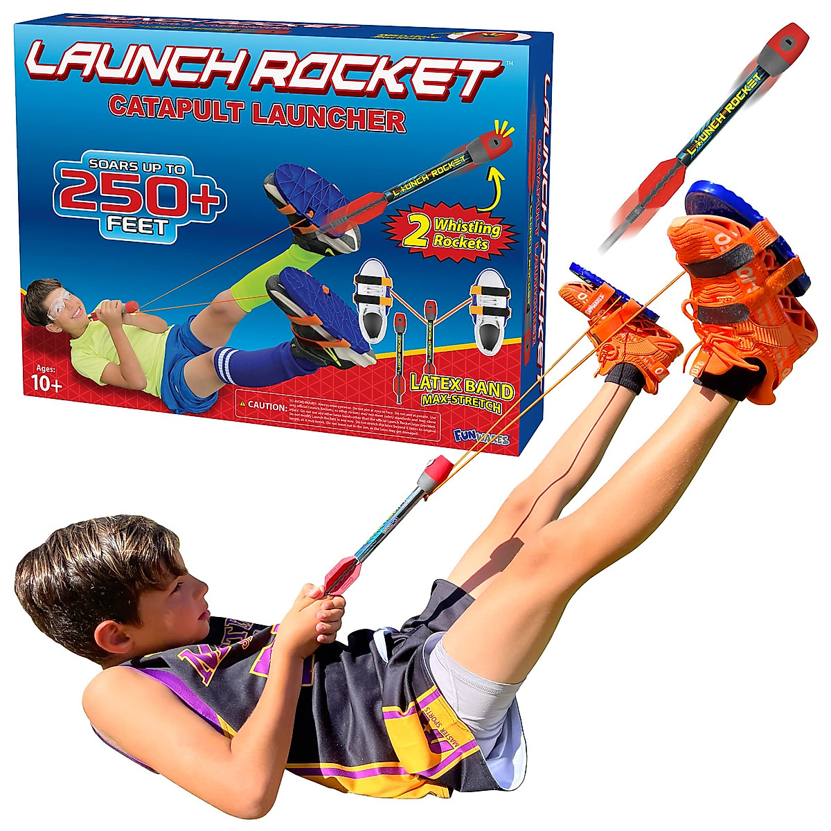 Funwares Sky Flight Launch Rocket for Kids, Giant Slingshot Catapults Whistling Foam Rockets Over 250 Feet, 100% Kid Powered Outdoor Fun