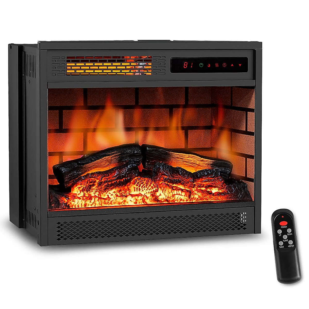 LIFEPLUS 22" Electric Fireplace Insert Infrared Quartz Recessed Heater with Remote Control 12h Timer with Log Flame Effect LED Display Adjustable Thermostat Overheat Protection for Office and Home