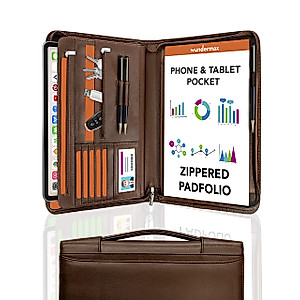 Wundermax 13x10.7x1.9in Vegan Leather Padfolio for Men/Women with Handle, Zipper, Notepad, Detachable Binder, Tablet Pocket - Brown