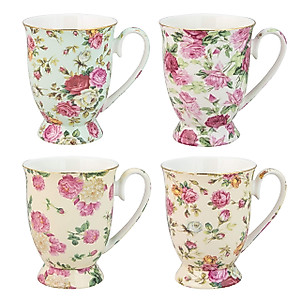Gracie China by Coastline Imports Rose Chintz Porcelain Footed Mug Assorted with Gold Trim, 9-Ounce, Set of 4