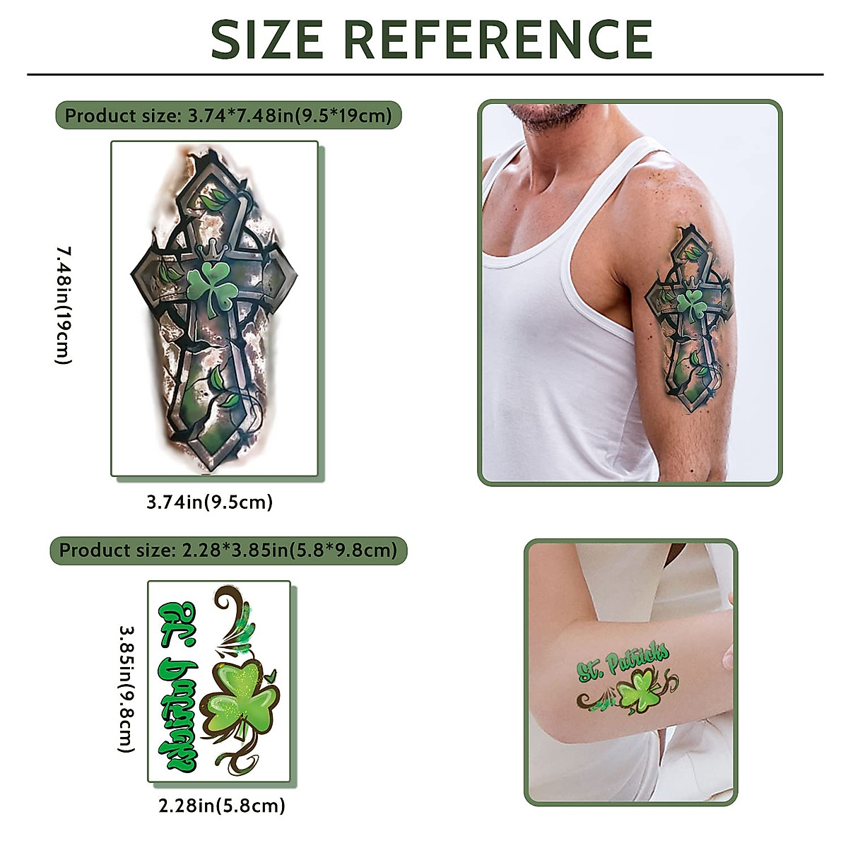 Yazhiji 77sheets St Patricks Day Temporary Tattoo for Girls or Boys 17sheets Larger Half Arm Shamrock Patterned Waterproof Tattoos Stickers for Men or Women And 60 sheets Face Clover Kids Tattoos