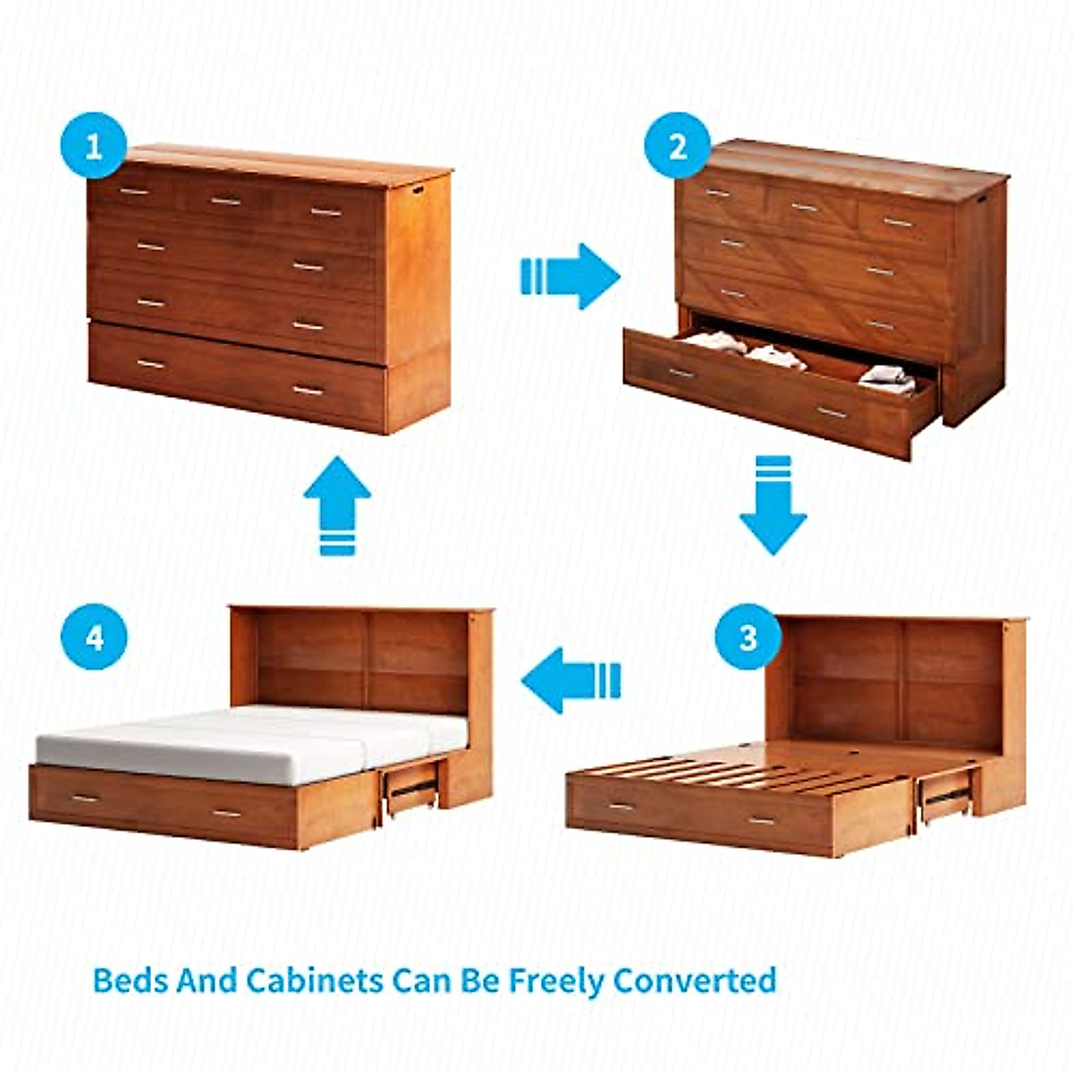 Mjkone Murphy Cube Cabinet Bed with USB Charging Station, Murphy Bed Cabinet with Large Drawer & Folding Mattress, Queen Size Bed Frame for Guest Room, Home, Office - Cherry