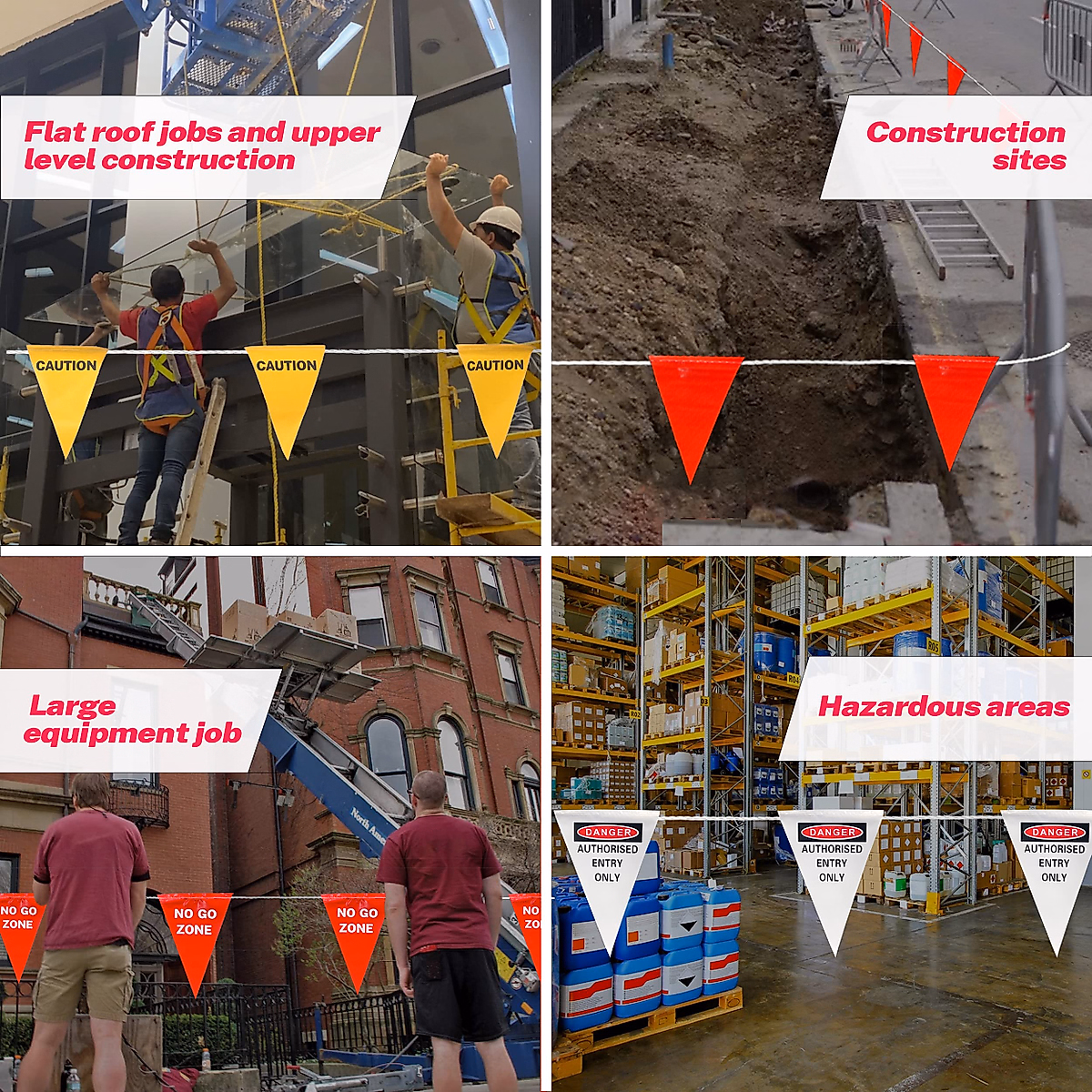 NACARUM Fluorescent Orange OSHA Perimeter Marking Flags (102FT string) Warn of hazardous areas, traffic control.Marking construction sites, scaffolding, sporting events, private property.