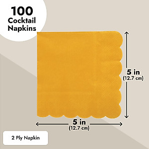 Juvale 100 Pack Mustard Yellow Paper Napkins - Scalloped Cocktail Napkins, Disposable for Wedding, Birthday Party (5x5 In)