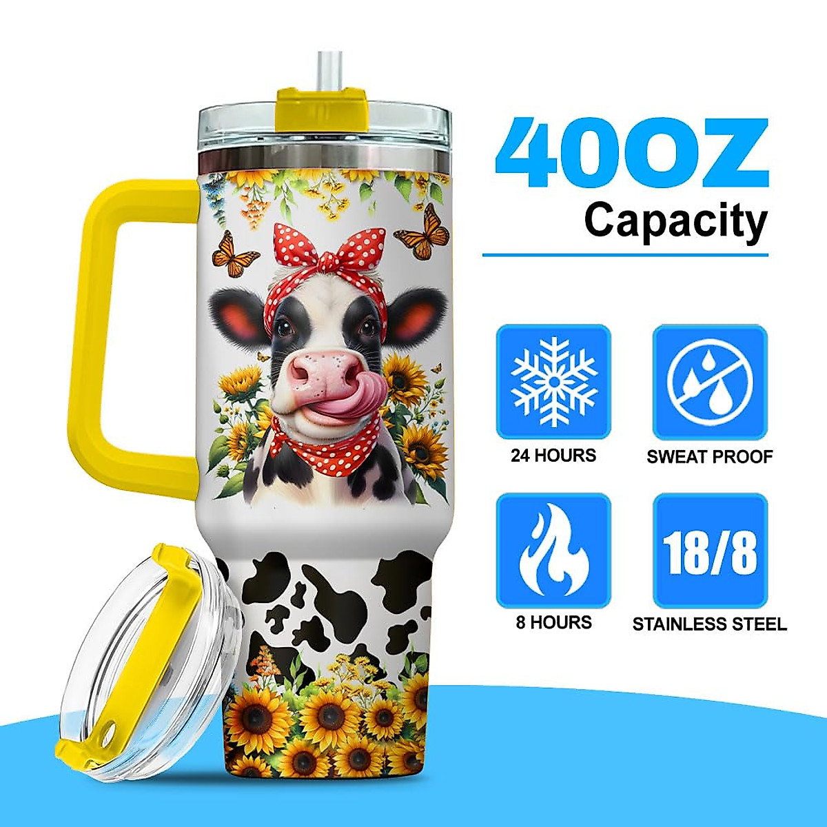 99OWL Cow Gifts, Tumbler 40 Oz With Handle Lid And Straw, Freaking Cow Sunflower, Funny Handle Cows Women Modern Adults Steel Print Coffee Tumblers Swig Simple Glitter Yellow Cups