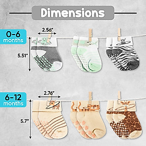 Hula Home 6-Pack Luxury Organic Cotton Blend Terry Anti-Slip Baby Socks for Infants 6-12 Months Boys and Girls, Fold-Over Cuffs and Anti-Skid Non-Slip Grips, Eco-Friendly Frustration-Free Packaging