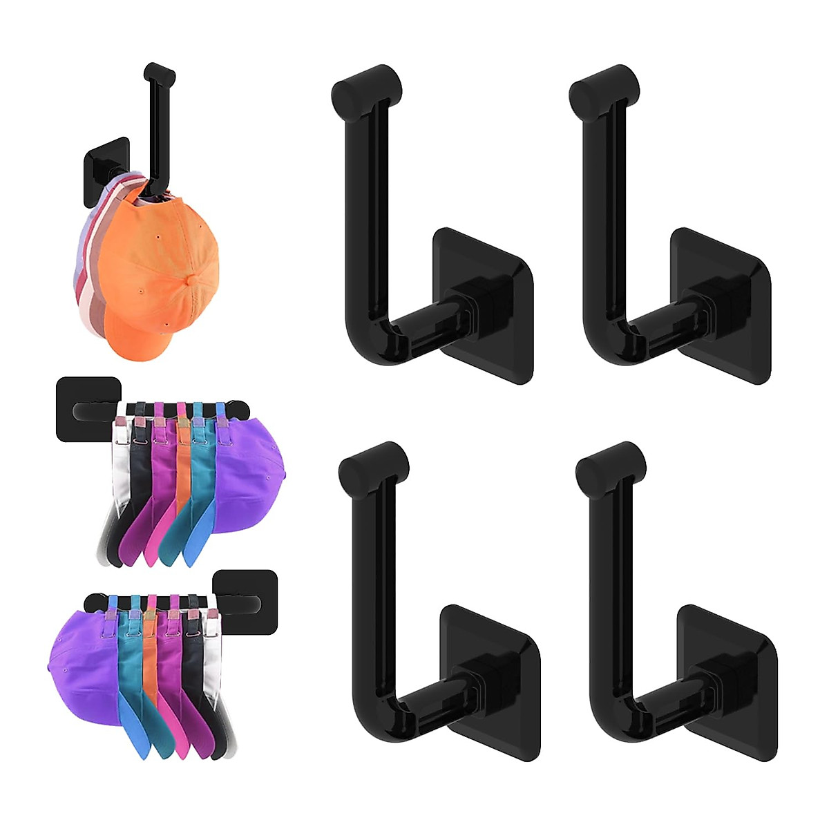 DAGKHE 4 Pack Hat Rack for Wall, Adhesive Hat Organizer for Baseball Caps, Adhesive Hat Hooks Holder Hanger for Closet Door Storage