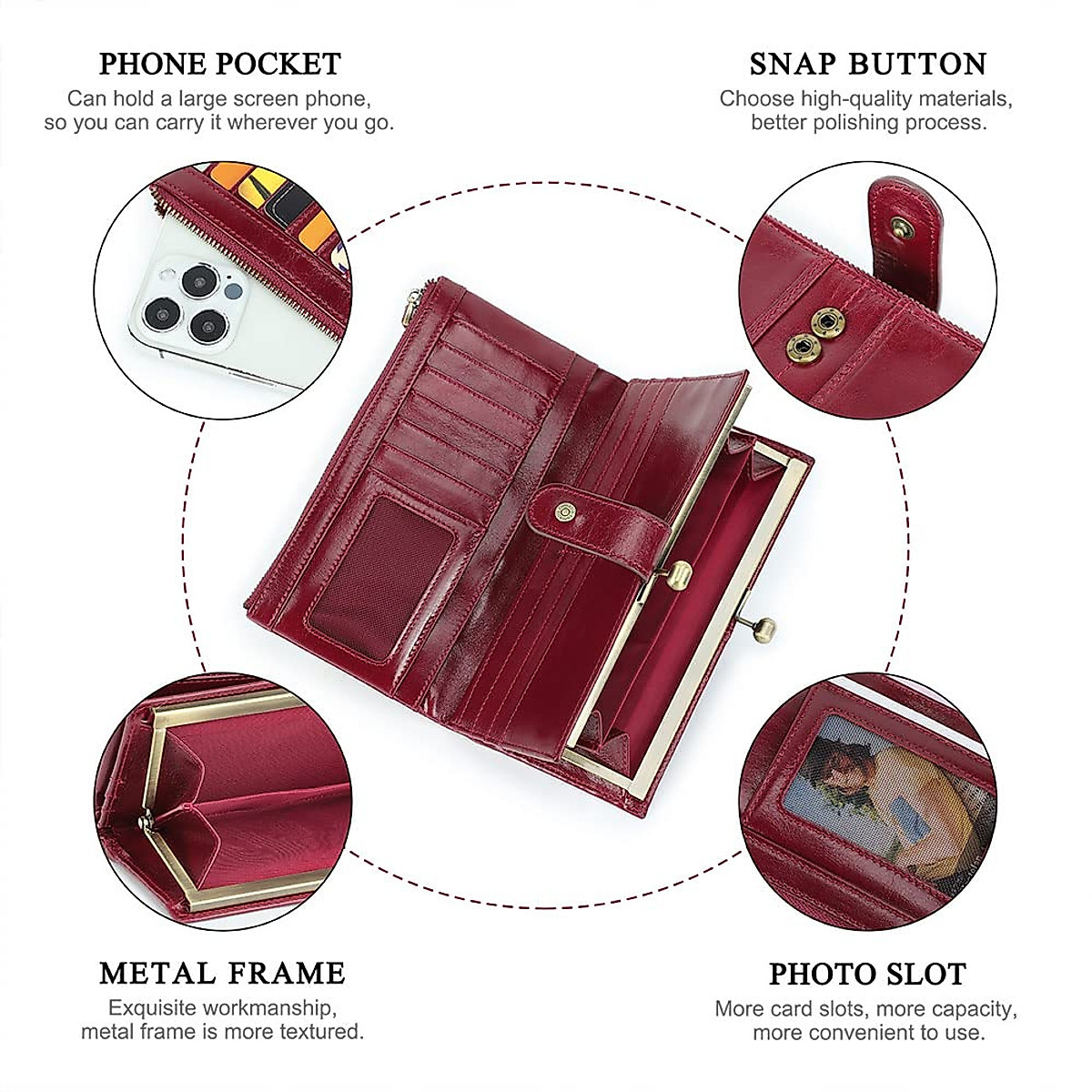 Contacts Kiss Lock Wallet for Women Leather, Kiss Clasp Wallet Coin Card Purse RFID Clutch Wallet Zipper Red Vintage Phone Holder