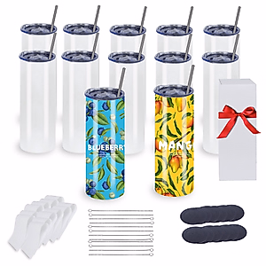 SAPVRIT 12 Pack Sublimation Tumblers 20 Oz Skinny Straight, Stainless Steel Sublimation Tumblers Blank, Individually Gift Boxed, Insulated Tumbler Sublimation(12 PACK 20OZ)