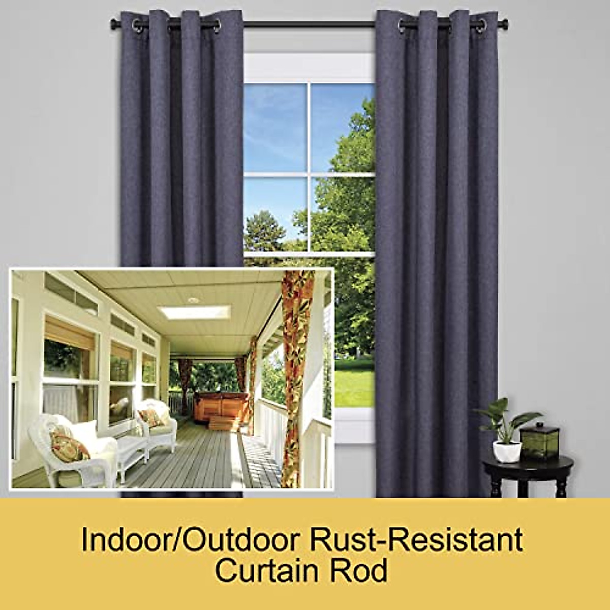 Kenney Weaver 1" Indoor/Outdoor Rust-Resistant Ceiling or Wall-Mount Window Curtain Rod, 72-144", Black