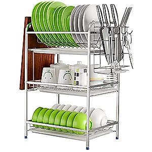 Plate Rack Draining Dish Rack Dish Drying Rack 304 Stainless Steel 3 Tier Dish Rack With Drain Board, Utensil Holder, Cutting Board Pan Plate Holder