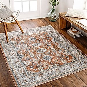 Mark&Day Washable Rugs, 8x10 Emporia Traditional Burnt Orange Area Rug, Orange Blue Beige Carpet for Living Room, Bedroom or Kitchen (7'10" x 10'2", Machine Washable)