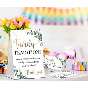 Baby Shower Games Family Traditions Sign, 1 Standing Sign and 50 Cards, Woodland Greenery Gender Neutral Decoration, Gender Reveal Party, Bridal Shower Favor Supplies-LT38