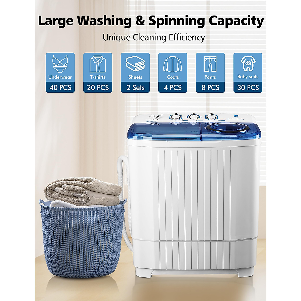 Cucina Magica Portable Twin Tub Washing Machine - 28Lbs Capacity for Apartments, RVs, Dorms, and Camping - 18Lbs Washer, 10Lbs Spinner Combo, Quiet with Drain Pump, Semi-Automatic Control