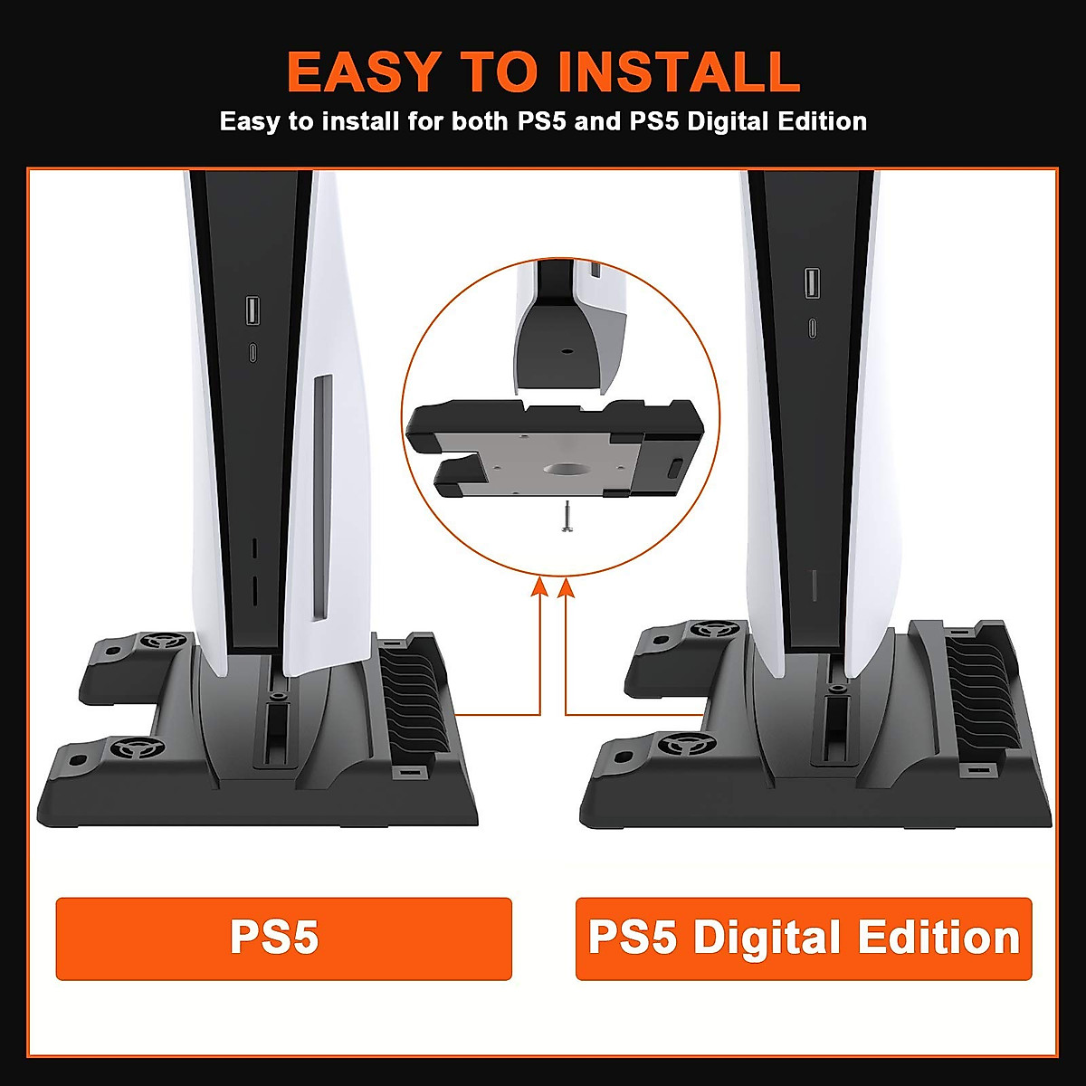 BEJOY Multifunctional Vertical Stand with Dual Cooling Fans for PS5 Console, 3-Level Rotate Fans Speed, Dual Type-C PS5 Charging Station with Gaming Headset Holder, 11 Games Boxes Storage, Black