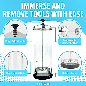 JJ CARE Disinfectant Jar (35 oz) - Barber Jar Glass, Sanitizer Disinfectant Glass Jar, Barber Disinfectant Jar Implement Disinfectant Container w/Stainless Steel Removable Strainer & Cap - Black Lid