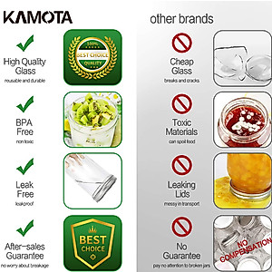 KAMOTA Wide Mouth Mason Jars 22 oz With Wide Mouth Lids and Bands, Ideal for Jam, Honey, Wedding Favors, Shower Favors, Baby Foods, 6 PACK, Extra 6 Silver Lids with Straw Hole Included…