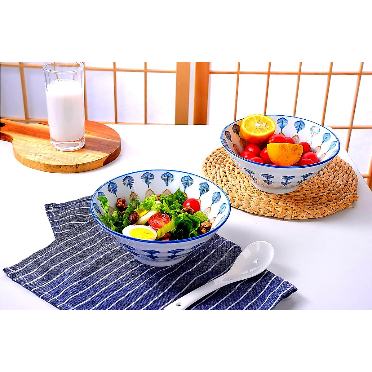 Braque Ceramic Japanese Ramen Bowl, Set of 2, 28.7oz Porcelain Bowls with Spoons – for Ramen, Pho, Udon, Soup, Salad – Asian Rustic Design, Chip Resistant, High Grade Lead & BPA Free - Leafage Echo