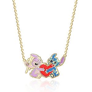 Disney Womens Stitch and Angel Heart Pendant Necklace 18" - 18kt Flash Plated Stitch Necklace Officially Licensed