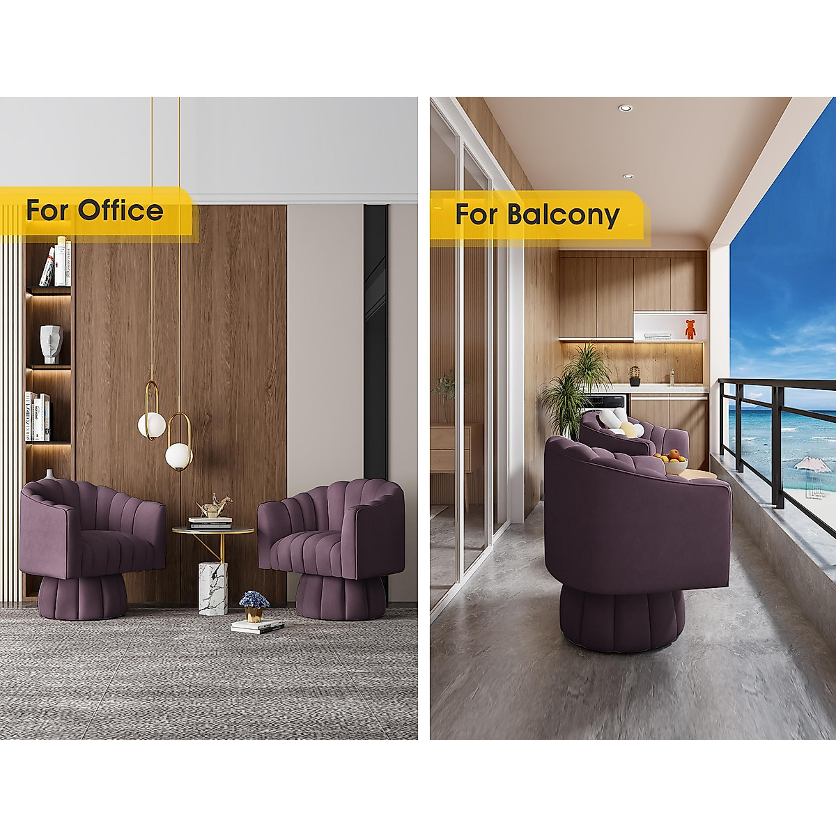 Accent Chair Mid Century 360 Degree Swivel Chair,Modern Lounge Sofa Round Barrel Chair with Wide Upholstered,Fluffy Velvet Fabric Chairs for Home Sofa Living Room/Bedroom/Waiting Room(Purple)