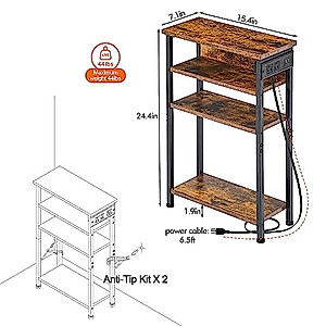 AMHANCIBLE Narrow Side Table with Charging Station, Slim End Table Set of 2, 4 Tier Sofa Table with Storage Shelf, for Small Spaces, USB Ports & Power Outlets, Metal Frame HETN04BR