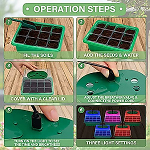 5 Set Seed Starter Trays Kit with 3 Colors Grow Light, Seed Plant Starting Tray with Adjustable Red Purple Blue Lights Brightness & Humidity for Indoor Seed Growing Germinating, Heighten Lid/60 Cells