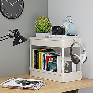 Boeeoan Under Sink Organizers Storage Rack, 2 Tier Under Bathroom Cabinet Shelf Basket, Multi-Purpose Storage Cart with Hooks for Kitchen Bathroom Bedroom Livingroom, White