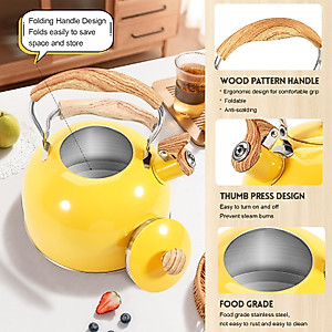 GGC Whistling Tea Kettle for Stove Top, 85OZ/2.6QT Stainless Steel Tea Kettles for Boiling Water Milik or Coffee, Yellow Tea Pots with Wood Pattern Folding Handle, Thumb Design Control Kettle Outlet