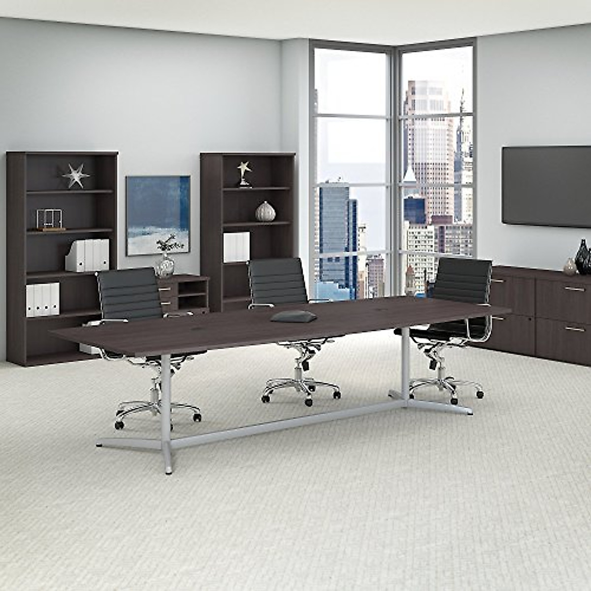 Bush Business Furniture 120W x 48D Boat Shaped Conference Table with Metal Base in Storm Gray