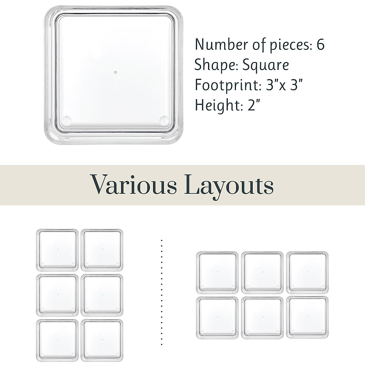 STORi SimpleSort 6-Piece Stackable Clear Drawer Organizer Set | 3" x 3" x 2" Square Trays | Small Makeup Vanity Storage Bins and Office Desk Drawer Dividers | Made in USA