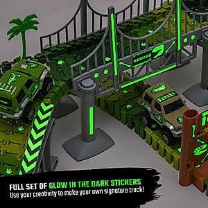 JITTERYGIT Dino Track Train and Construction Track Site Christmas Bundle Gift, Glow in The Dark Playset Racing Play Site Set,Cool Racetrack Present for Children, Ages 3 4 5 6 7 8 9 Years Old