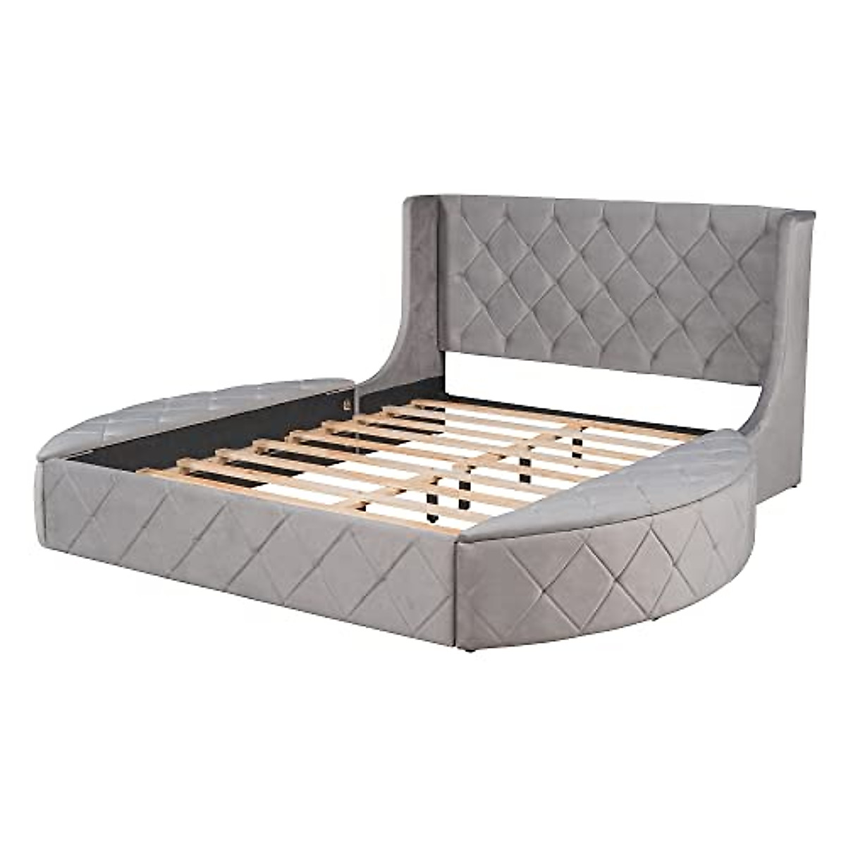 BOVZA Queen Size Platform Bed Frame, Velvet Upholstered Bed with Wingback Headboard and and 1 Big Drawer, 2 Side Storage Stool, No Box Spring Needed, Gray