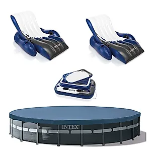 Intex 26 Foot by 52 Inch Framed Swimming Pool with Pool Cover, Inflatable Beverage Cooler, and Set of 2 Inflatable Floating Recliner Chairs, Dark Gray