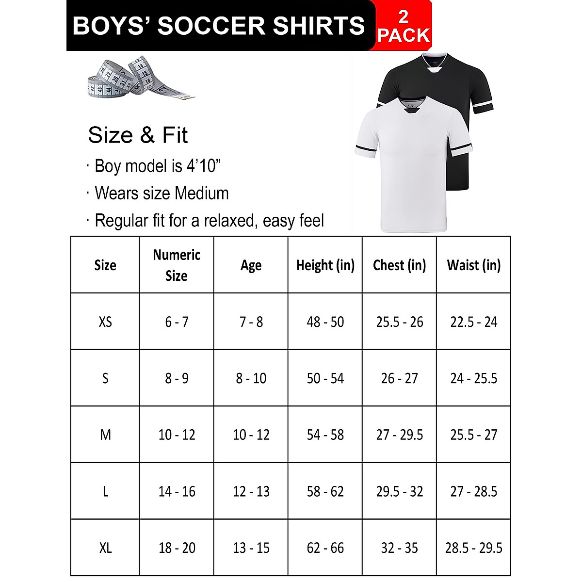 2 Pack Youth Boys' Soccer Jerseys, Black White Training Shirts for Kids, Dry Fit Athletic Performance Short Sleeve Tees (Medium)