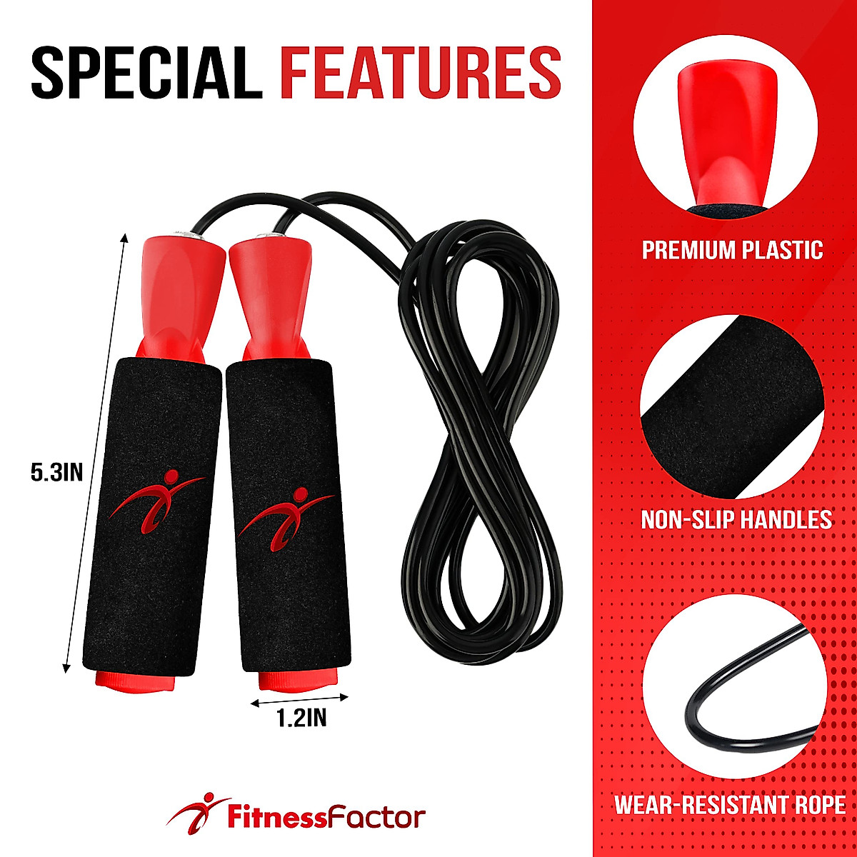 Fitness Factor Jump Rope With Adjustable Length, Tangle-Free Skipping Rope for Gym Workout,Crossfit, Fitness Exercise, WOD, Boxing, MMA, Endurance Training Include Carrying Pouch (Red)