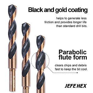 JEFE HEX 1/2" Dia. 5" OAL HSS Twist Drill Bit, General Purpose, 3-Flat Shank, Black and Gold Finish, 135 Degree Split Point, Ideal for Steel/Wood/Copper/Aluminum/Zinc Alloy/Plastic. (6-Piece)