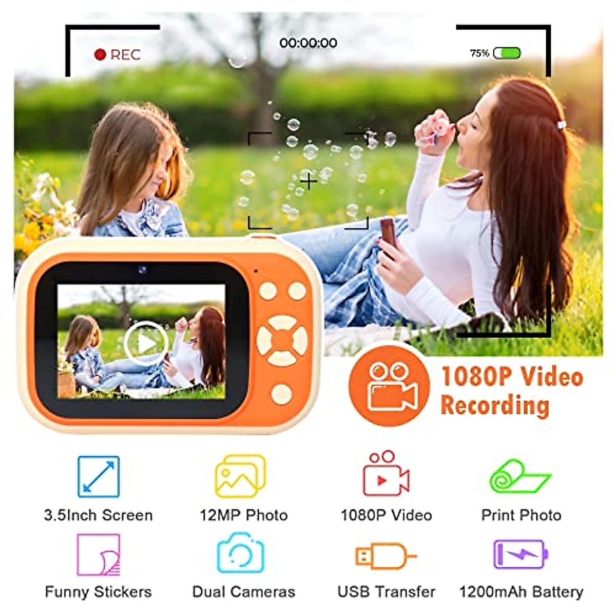 Seemee Instant Print Camera for Kids, Funny Selfie Camera, Kids Digital Camera with 3.5" Screen, 32G Card, Print Papers, Stickers, Dual Cameras HD 1080P, Birthday Gifts Toys for Boys Girls (Beige)