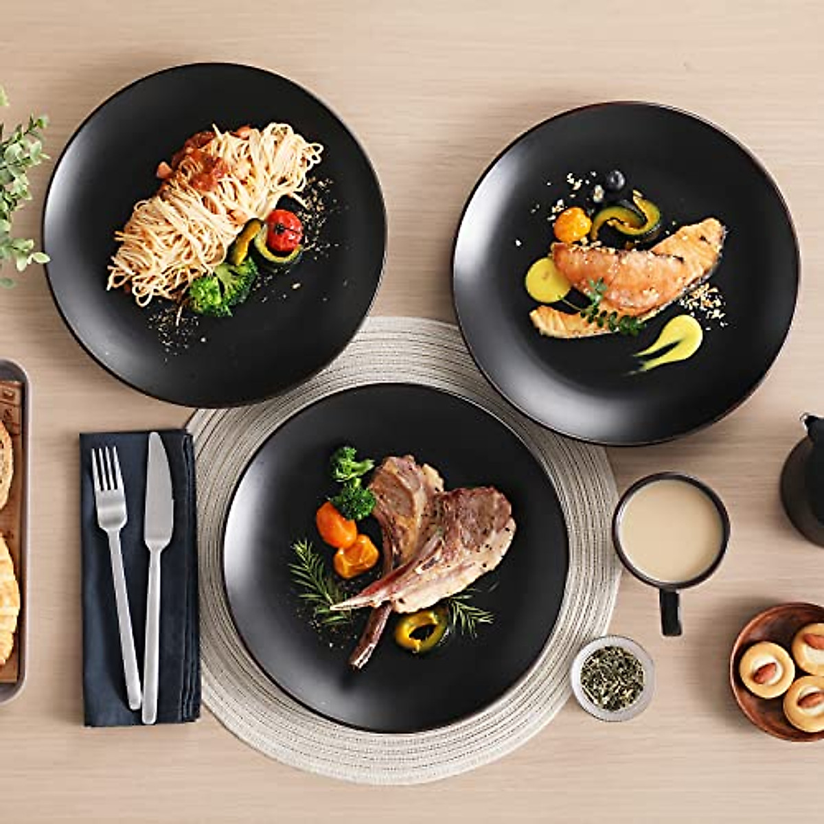 vancasso Moda Dinner Plates Set of 6, 10.5 Inch Ceramic Plates Set, Black Handpainted Big Serving Plate, Microwave Oven and Dishwasher Safe-Black