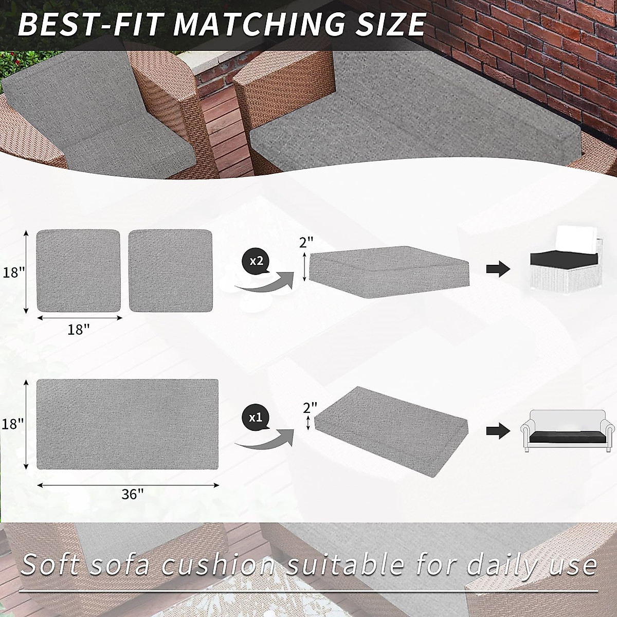 BRUXOLAY 3 Pack Patio Outdoor Cushion Covers, Waterproof and Fade Resistant Patio Furniture Cushion Covers for 4 Pack 4 Seat Wicker Rattan Patio Furniture, Only Cover 36x18x2,18x18x2,Gray