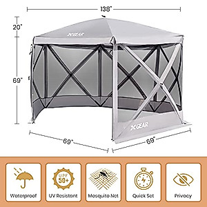 XGEAR 6 Sided Pop Up Camping Gazebo 11.5’x11.5’ Instant Canopy Tent Sun Shelter Screen House with Mosquito Netting, for Patio, Backyard, Outdoor,Grey