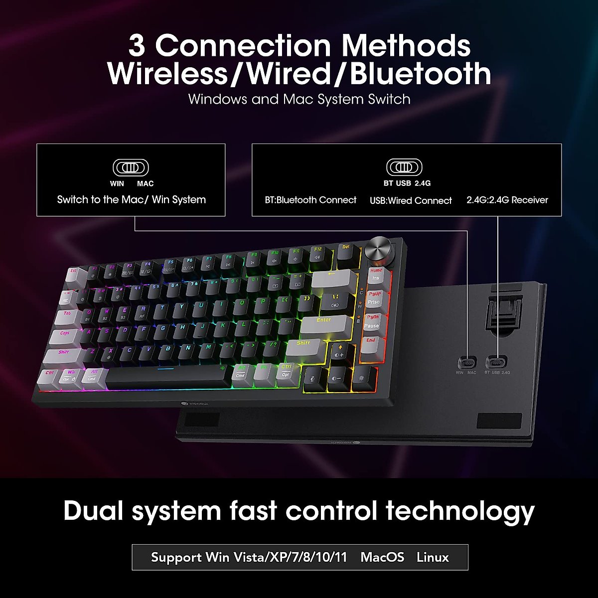 KOORUI 75% Wireless RGB Gaming Keyboard,3 Mode BT/2.4Ghz/USB-C Hot Swappable Mechanical Keyboard,Compact 82 Keys with 4000mAh Battery & Dedicated Knob Control,Tactile Brown Switch